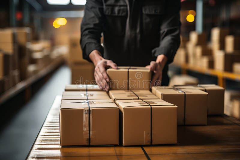 Close Up a Worker Moving Package Boxes on Pallet in Warehouse, Hands ...