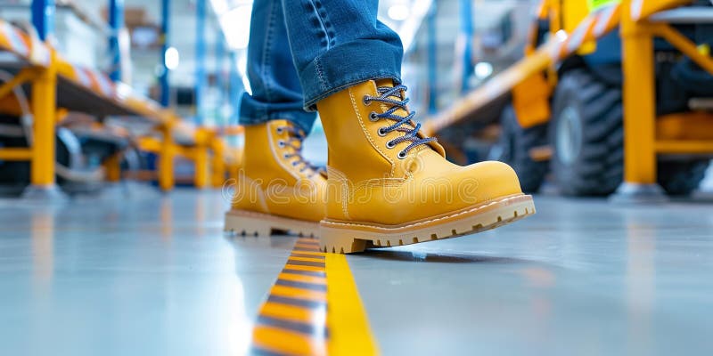 Close-up of Worker S Feet in Yellow Boots Standing on Yellow Caution ...