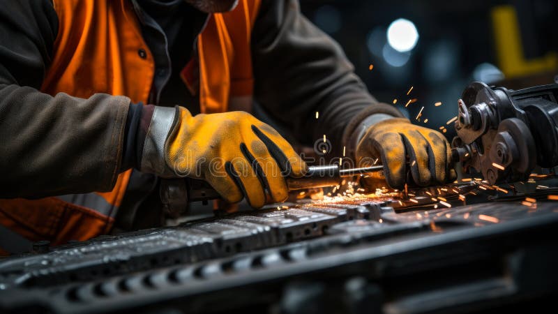 Close-up of a Worker& X27;s Hands in Protective Gloves Working on a ...