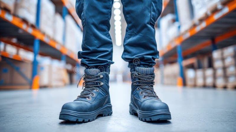 A Worker Stands in a Warehouse, Showcasing Sturdy Work Boots with Blue ...