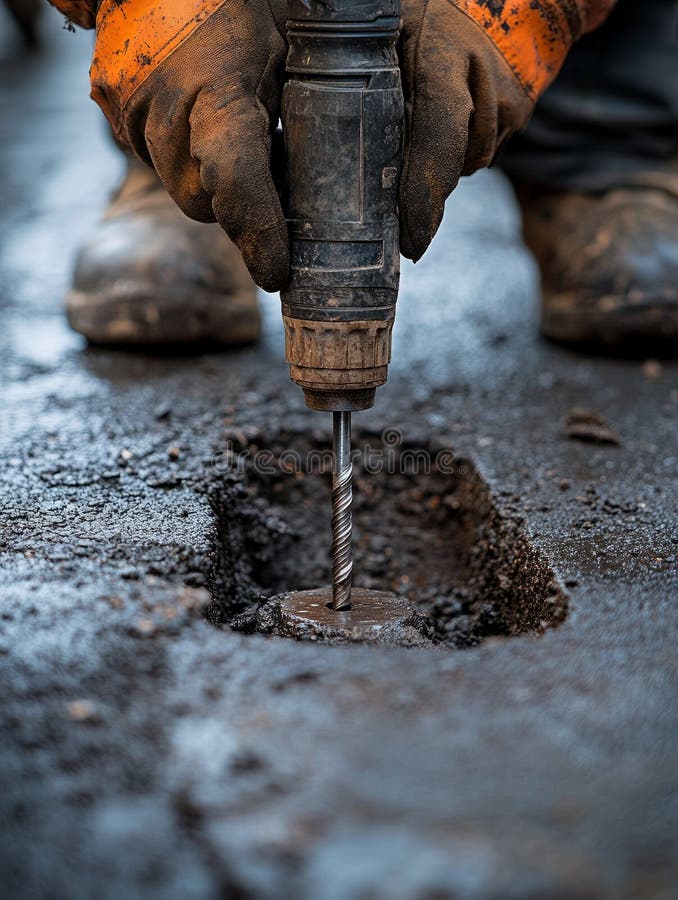 Close-up of a Worker Using a Drill on Asphalt Surface Stock Image ...