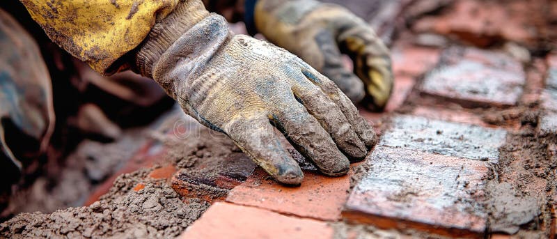 Close-up of a Worker Using Gloves To Lay Bricks on a Construction Site ...