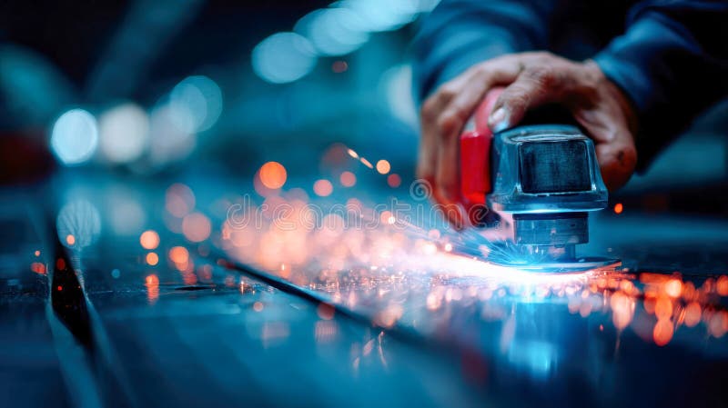 Close-up of Worker Using a Handheld Grinder, Producing Bright Sparks in ...