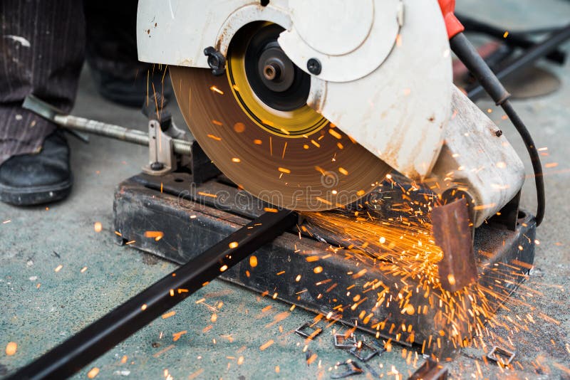 Close Up Worker Using Machine Cutting Steel Stock Image - Image of ...