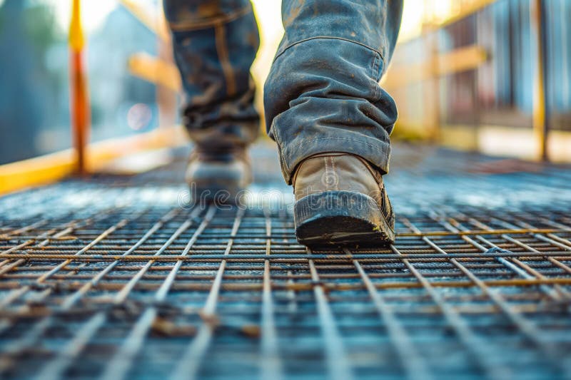 Close Up of Worker Walking on Metal Platform at Construction Site Stock ...