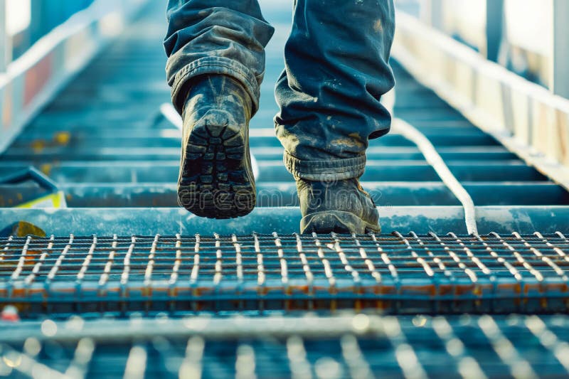 Close Up of Worker Walking on Metal Platform at Construction Site Stock ...