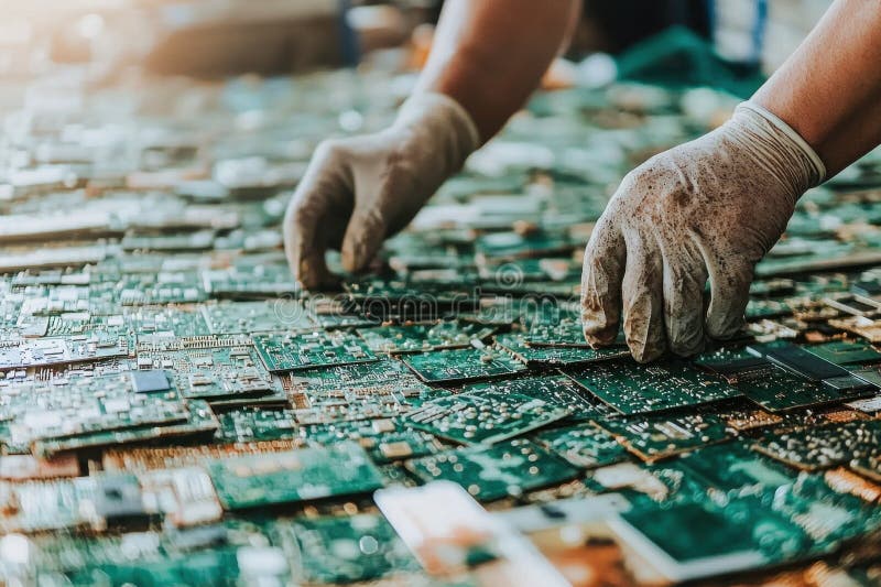 Close-Up of Workers Carefully Handling Circuit Boards with Gloved Hands ...