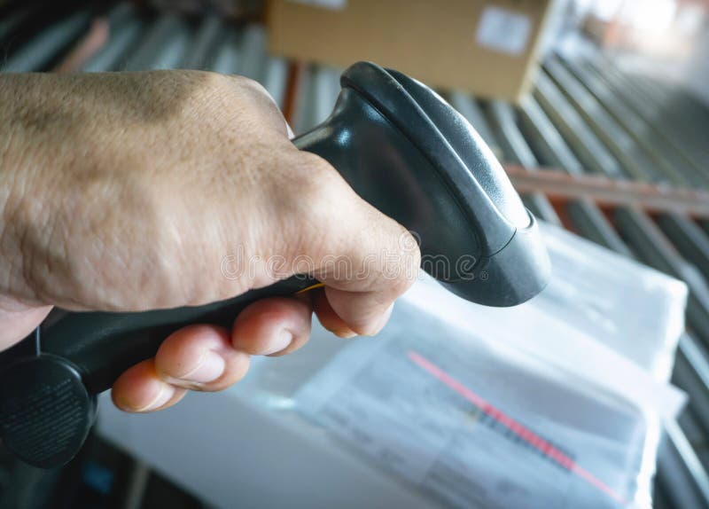 Close Up, Workers Scanning Bar Code Scanner on Packaging Boxes ...