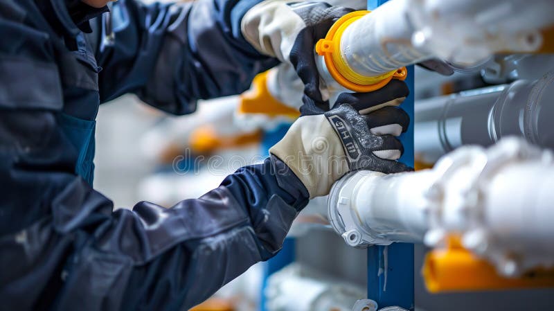 Close-up of Workers Using Wrench on Pipeline in Industrial Setting ...