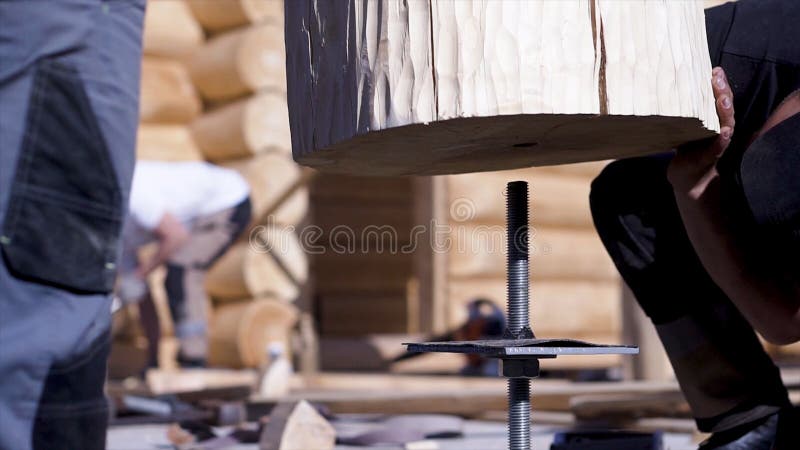 Close-up Workers Work with Logs at Construction Site. Clip Stock Photo ...