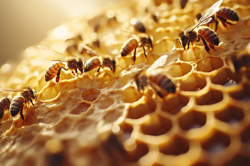 Close Up of Working Bees on Honey Cell Background with Copy Space Stock ...