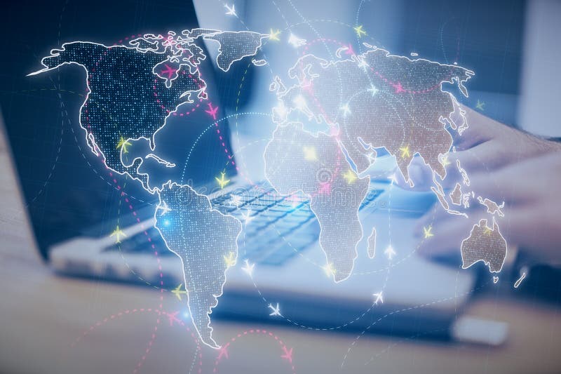 Close Up of Workplace with Businessman Hands Using Devices with Glowing ...