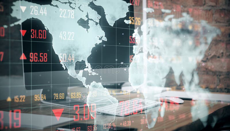 Close Up of Workplace with Computer and Glowing Digital White Map on ...