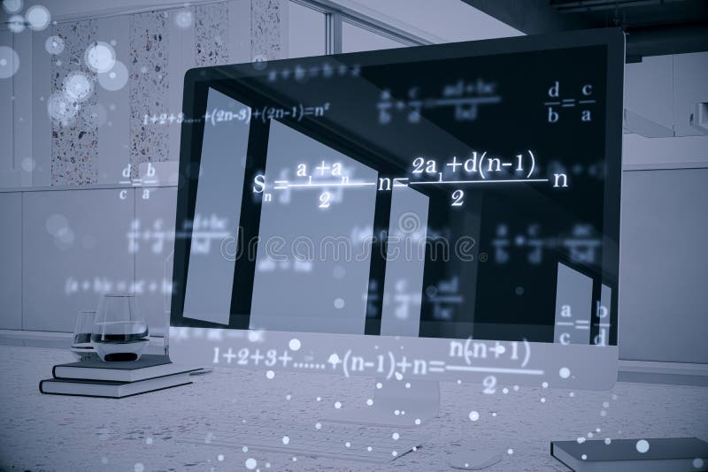 Close Up of Workplace with Computer, Supplies and Glowing Mathematical ...