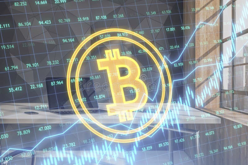 Close Up of Workplace with Creative Bitcoin Button, Grid, Index and ...