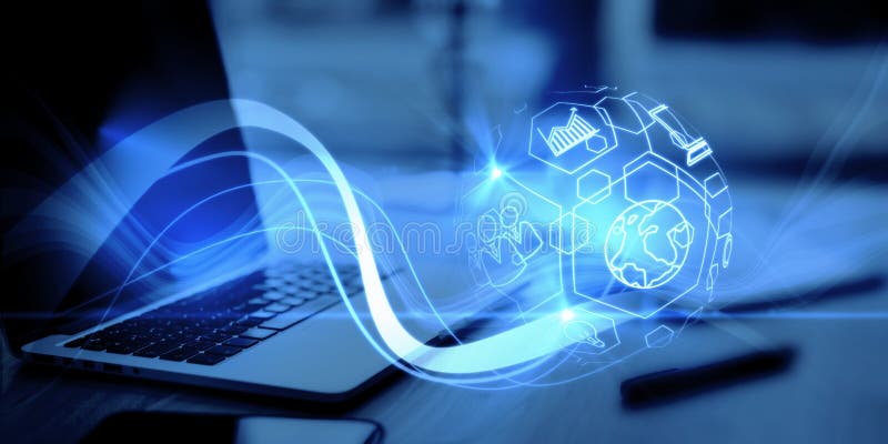 Close Up of Workplace with Laptop Computer and Creative Blue Spherical ...