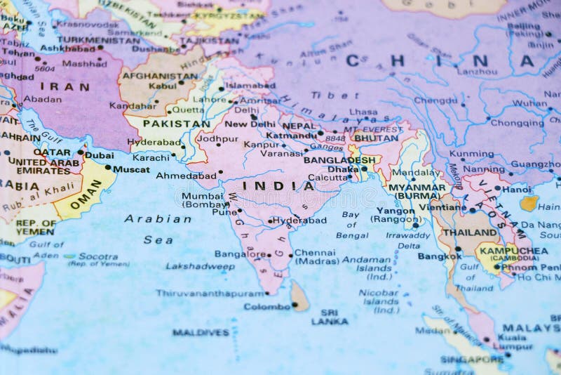 Close Up of a World Map with Asian Side, India Subcontinental in Focus ...