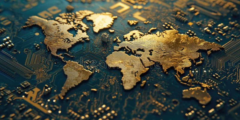 Close-up of World Map on Circuit Board Stock Image - Image of ...