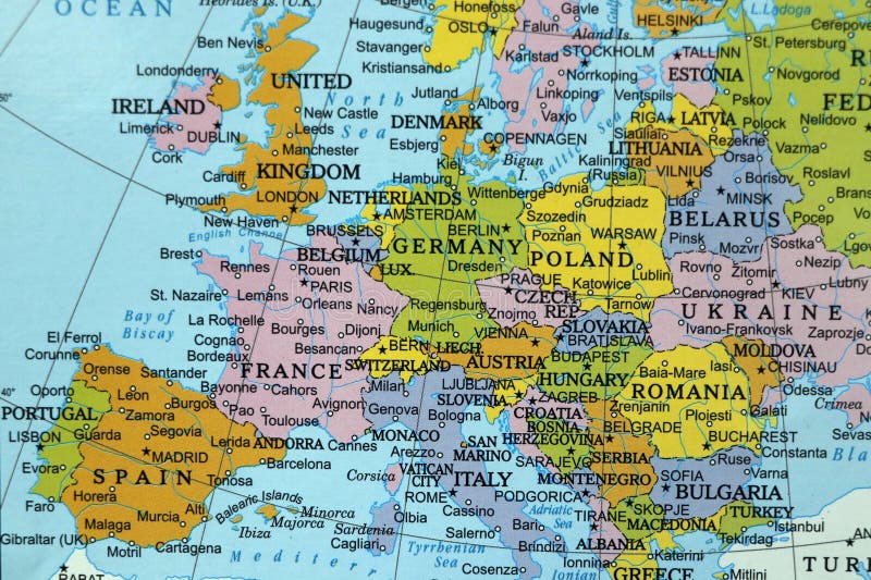 Close Up World Map with Europe Continent, Countries and Oceans Stock ...