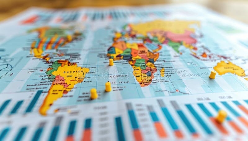 Close-up World Map with Pins, Blue Color, Graphics Stock Image - Image ...