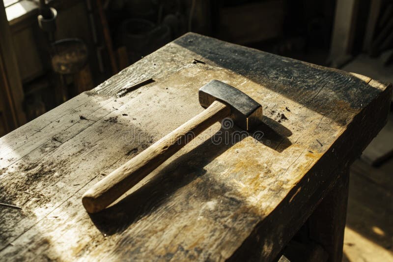 A Close-up of a Worn Hammer on an Old Wooden Workbench, Illuminated by ...