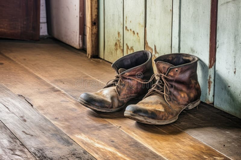 Close-up of Worn Leather Boots on Rustic Wooden Floor Stock ...