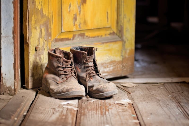 Close-up of Worn-out Leather Boot on Rustic Wooden Floor Stock ...