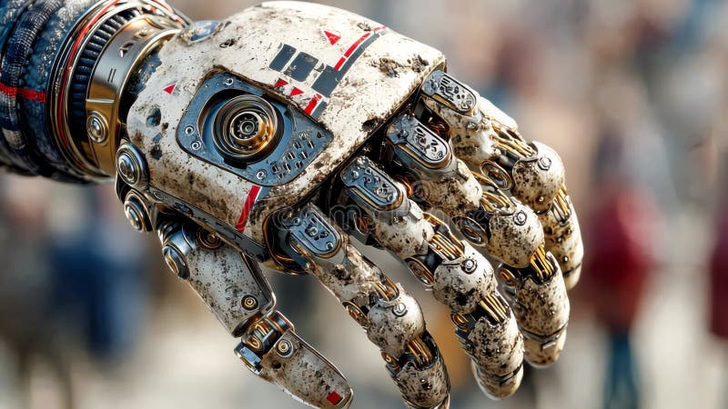 Close-up of a Worn Robotic Hand with Intricate Mechanical Details ...