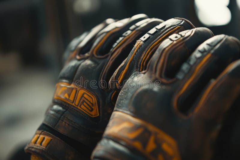 Close Up of Worn and Rugged Work Gloves Resting on a Surface. these ...