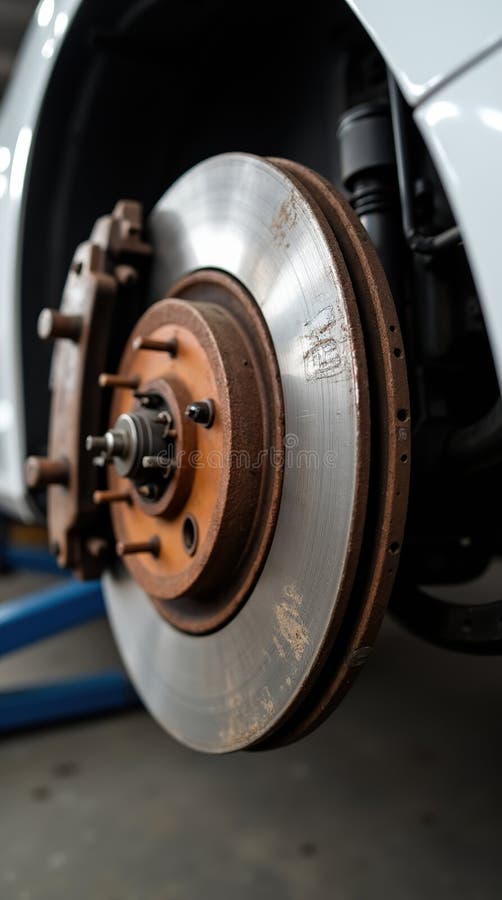Close-Up of Worn and Rusty Car Brake Disc in Workshop Stock ...