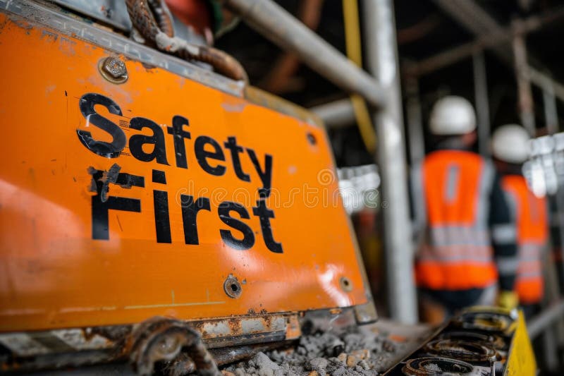 Safety First Sign at a Busy Construction Site Stock Illustration ...