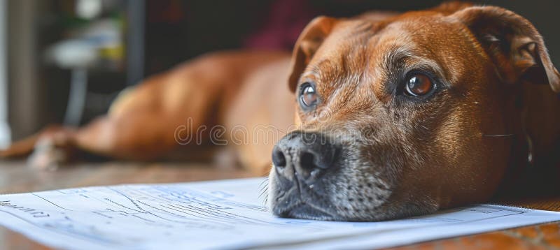 Close-up of a Worried Senior Dog Resting Its Head on Paperwork Inside ...