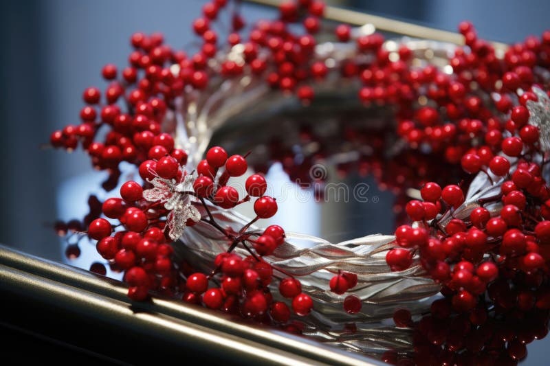 Close-up of a Wreath Decorated with Mini Silver Bells and Red Berries ...
