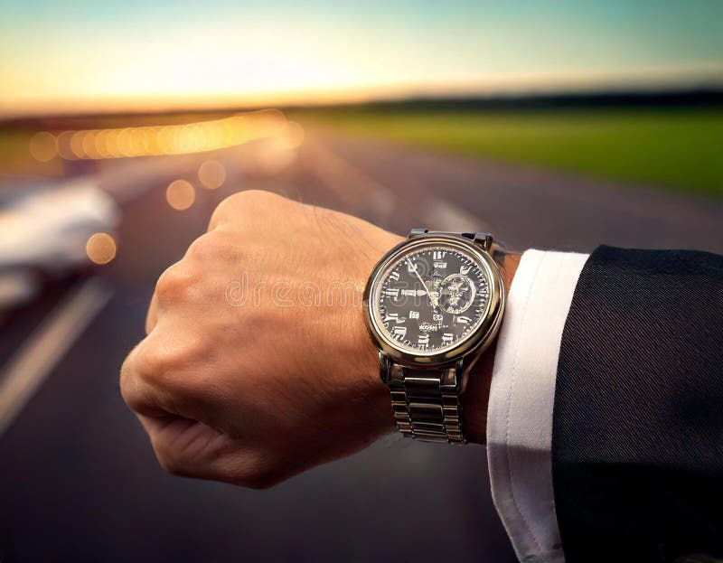 The Close-up of the Wrist Watch Showing the Flight Time, with Blurry ...