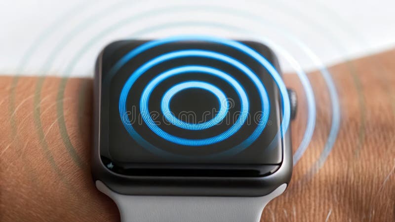 Close-up of Wrist Wearing Smart Watch Emanating Digital Wave in Blue ...