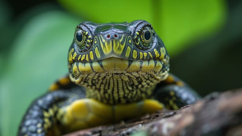 Close-Up of a Yellow and Black Turtle on a Log Stock Illustration ...