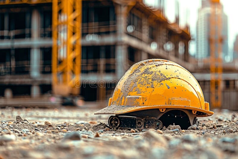Close-Up of Yellow Construction Helmet on Ground with Building Under ...