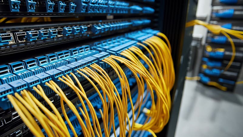 Close Up of Yellow Fiber Optic Cables Connected To Blue Sfp Modules in ...