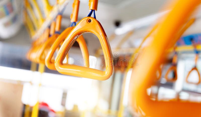 Yellow Handrail on the Bus with Stop Button Stock Photo - Image of ...