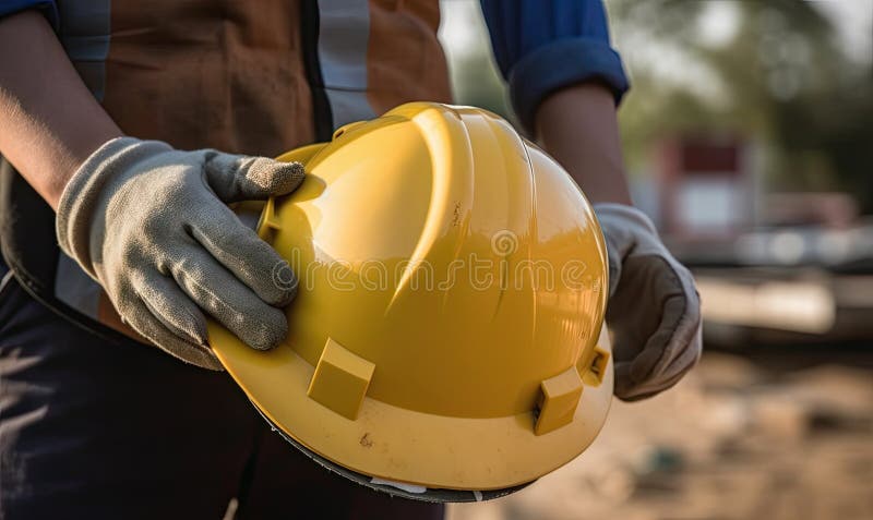 Close-up of Yellow Hard Hat Held by Construction Worker S Hand Creating ...