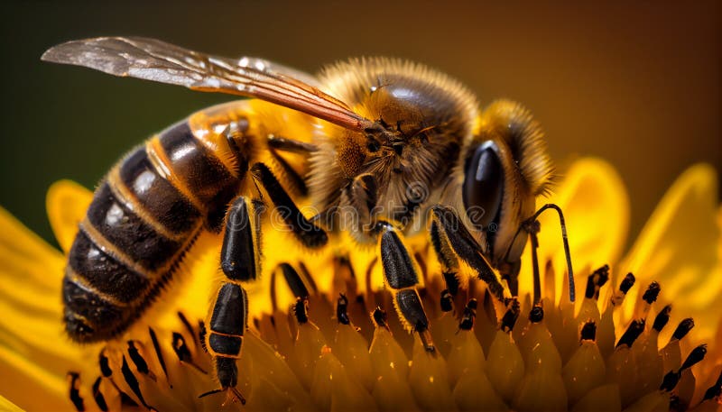 Close Up of a Yellow Honey Bee Pollinating ,generative AI Stock Image ...