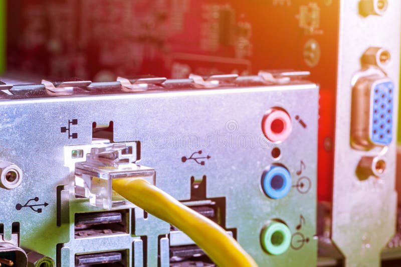 Close-up Yellow LAN of High Speed Fiber Network Switch and Cables in ...