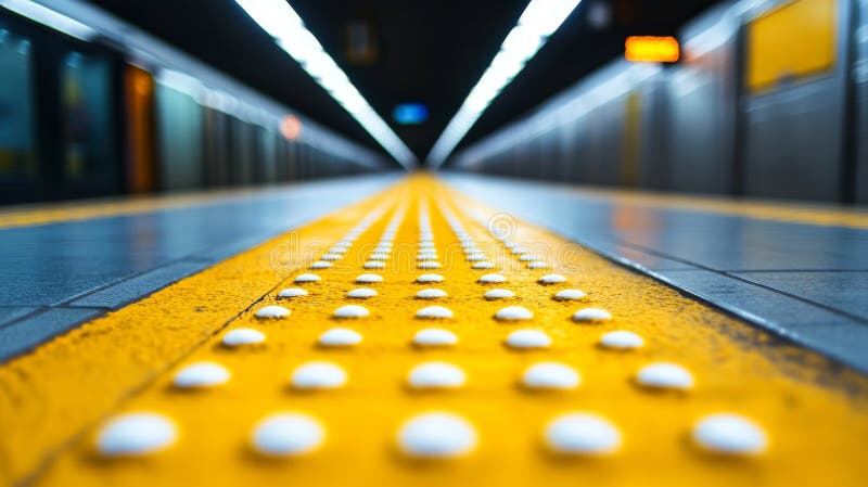 Close Up of Yellow Line with White Dots at Underground Station, Blurred ...