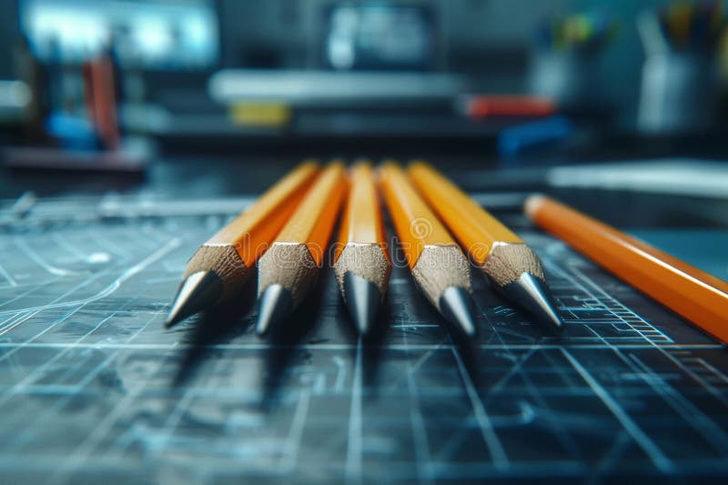 Closeup of Yellow Pencils on a Blue Drafting Table Stock Photo - Image ...