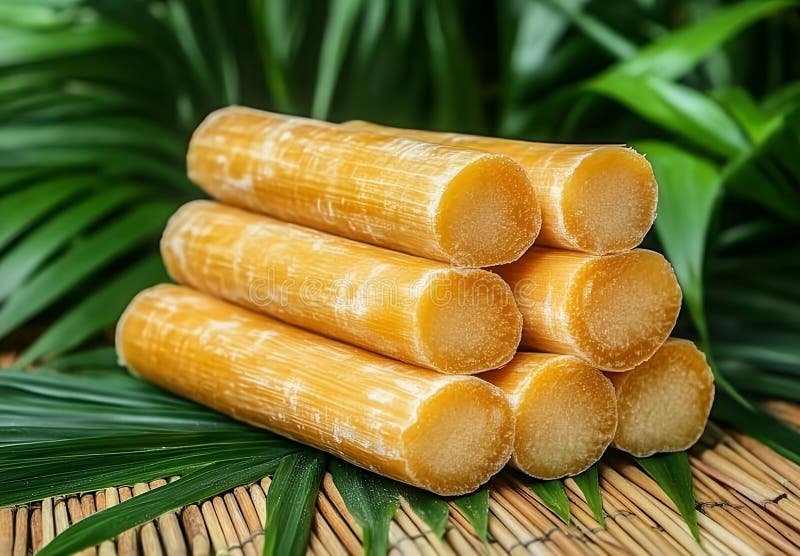 Closeup of Yellow Sugar Cane Sticks on a Bamboo Mat Stock Illustration ...