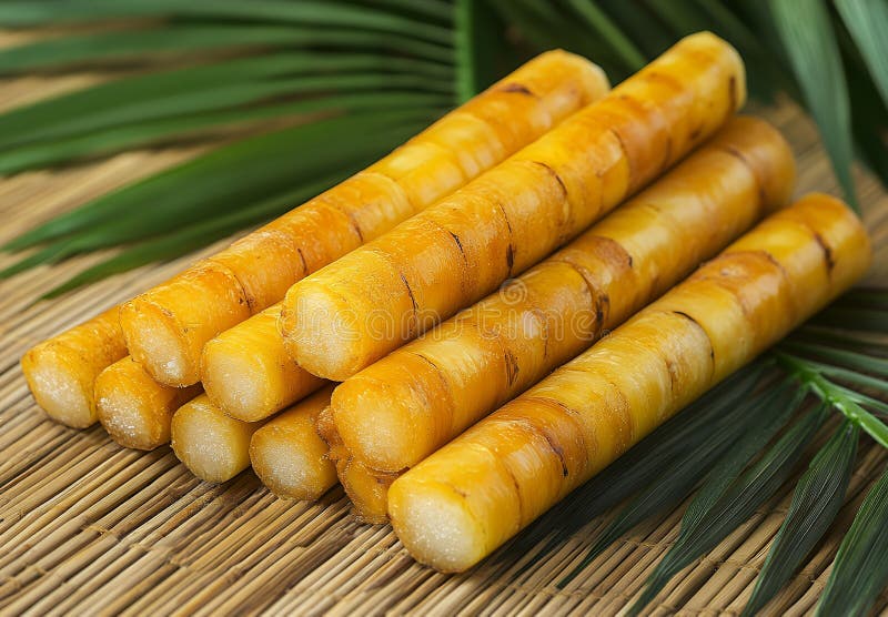 Closeup of Yellow Sugarcane Stalks on a Woven Mat Stock Illustration ...