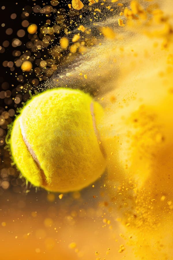 Close-up of Yellow Tennis Ball with Particles and Dust Exploding Around ...