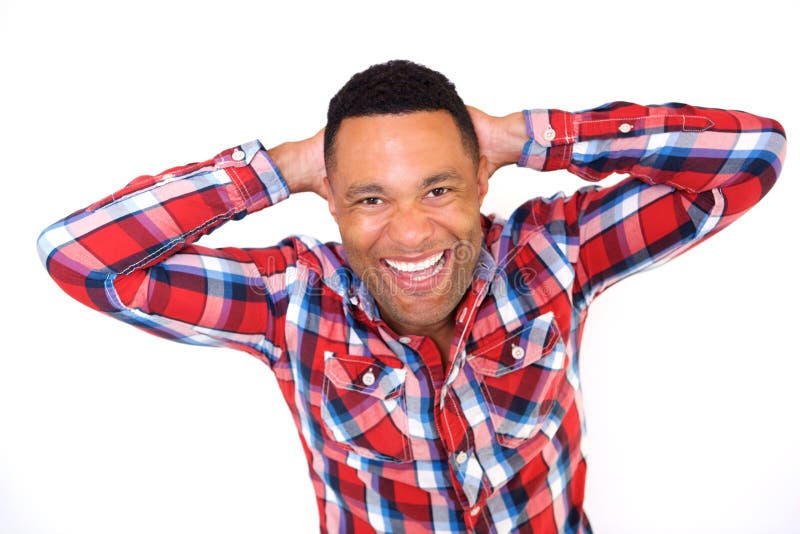 Close Up Young Black Man Laughing with Hands Behind Head Stock Image ...