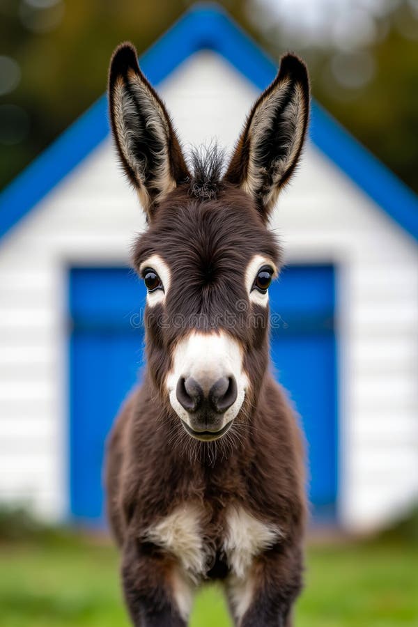 A Small Donkey Standing in Front of a Blue and White Building Stock ...