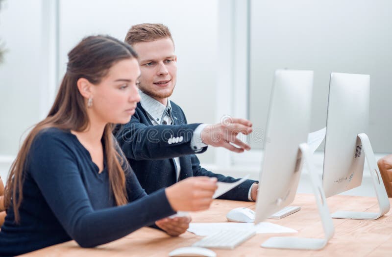 Close Up. Young Employees Discussing Online Information Stock Image ...